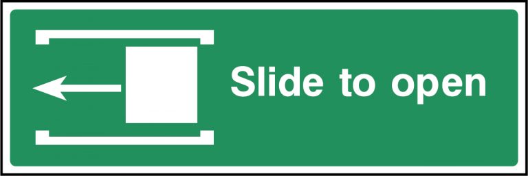 Slide left to open sign - Emergency Escape > Fire Exit - We Do Safety Signs
